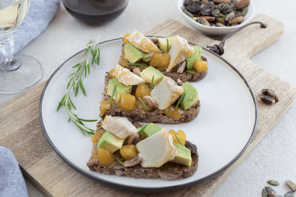 Preserved mango, avocado and Langres cheese open sandwiches - Germain